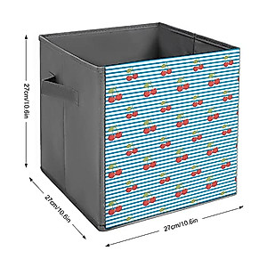 Cherries Pattern with Blue Stripes Storage Bins Cubes Foldable Fabric Organizers with Handles Clothes Bag Book Box Toys Basket for Shelves Closet 10.6"