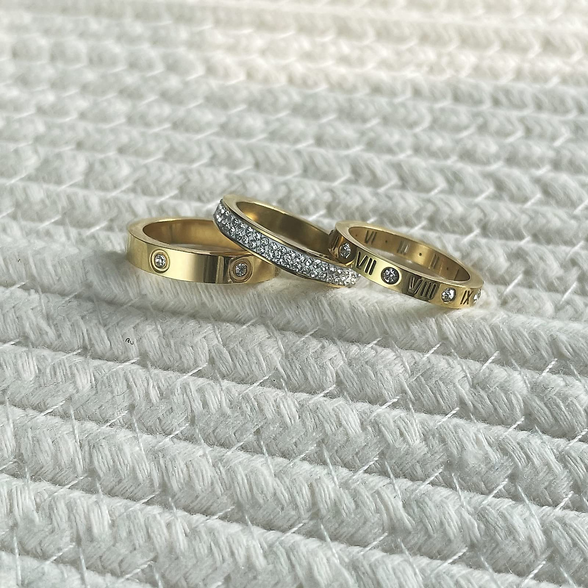 YIKOXI 3pcs Love Friendship Lucky Ring Cubic Zirconia Gold Ring Sets for Women Stainless Steel Wedding Statement Thumb Ring Bands (Gold, 7)