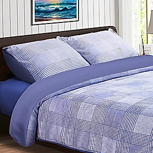 BedsPick Velvet Duvet Cover Set Full Size 3 Pieces, Navy Blue Soft Reversible Comforter Cover Sets, Plaid Striped Duvet Cover, 1 Duvet Cover 80x90 inches and 2 Pillow Sham