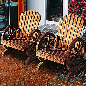 PatioFestival Adirondack Chairs Set of 2 Brown Outdoor Wooden Patio Chair with Wagon Wheel Armrest Wood Knots