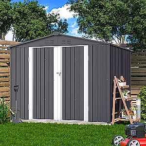 CrownLand Upgraded Outdoor Vented Backyard Garden Storage Shed 6 x 8 Feet Tool House with French Door Outdoor Lawn Steel Roof Sheds (Gray)