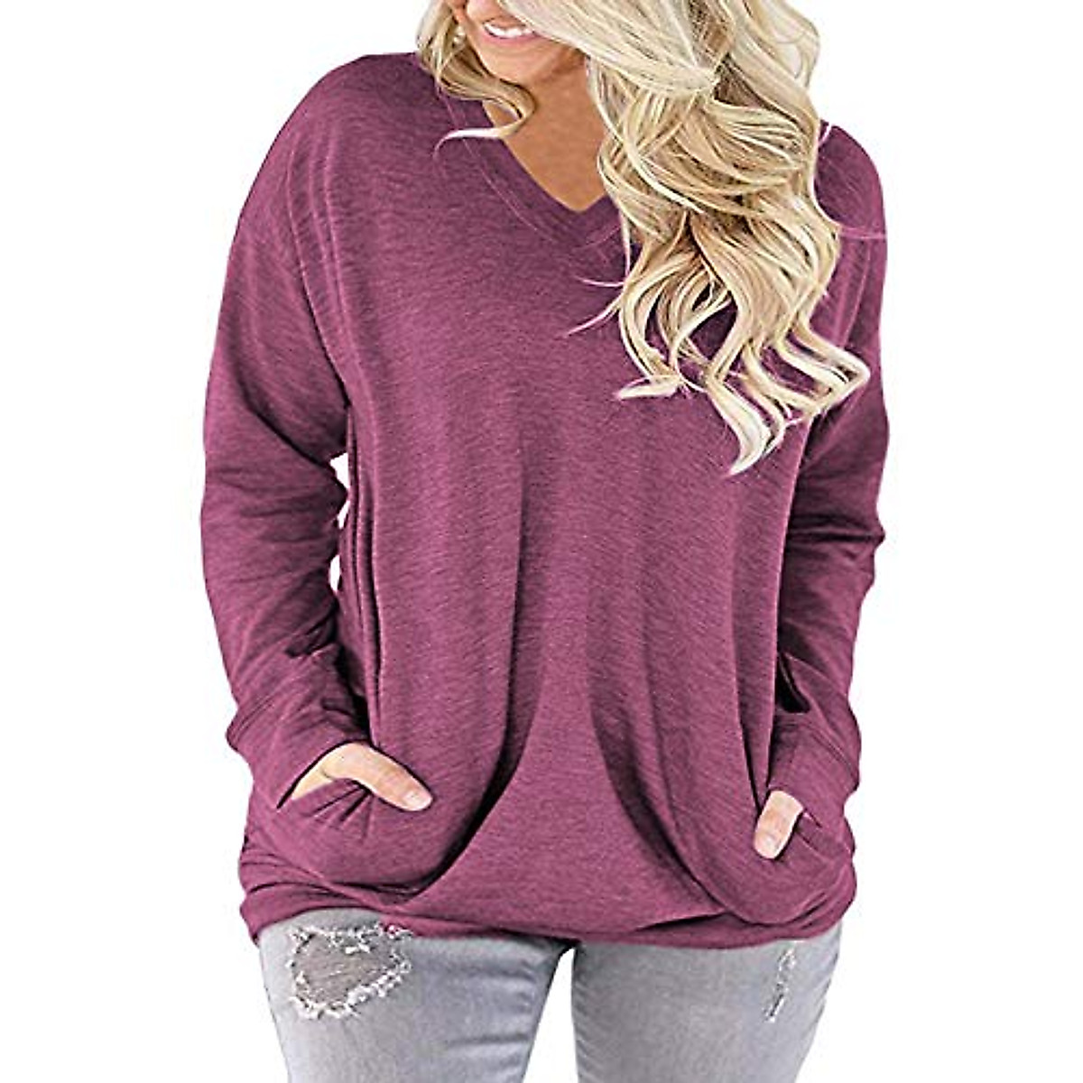 Fall Shirts for Women Plus Size Casual Long Sleeve Sweatshirts Tops Wine Red 16W