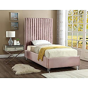 Meridian Furniture Candace Collection Modern | Contemporary Velvet Upholstered Bed with Deep Channel Tufting and Custom Acrylic Legs, Pink, Twin