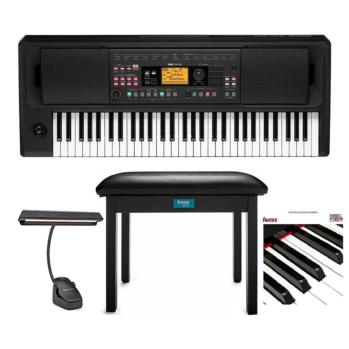 Korg EK50L Keyboard with High-Output Speakers Bundle with Music Light, Flip-Top Bench and Focus Book with CD (4 Items)