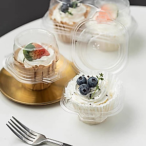 LOKQING 100 Pcs Cupcake Boxes Plastic Individual Cupcake Containers Single Cupcake Carrier with Connected Airtight Dome Lid for Party