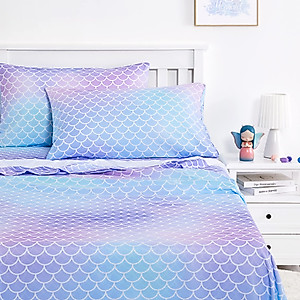 Wake In Cloud - Mermaid Bed Sheets for Girls, 4-Piece Sheets Set Kids, Ocean Mermaids Colorful Scales Pattern Rainbow Sea Soft Lightweight Bedding, Deep Pocket, Purple Blue, Twin Size