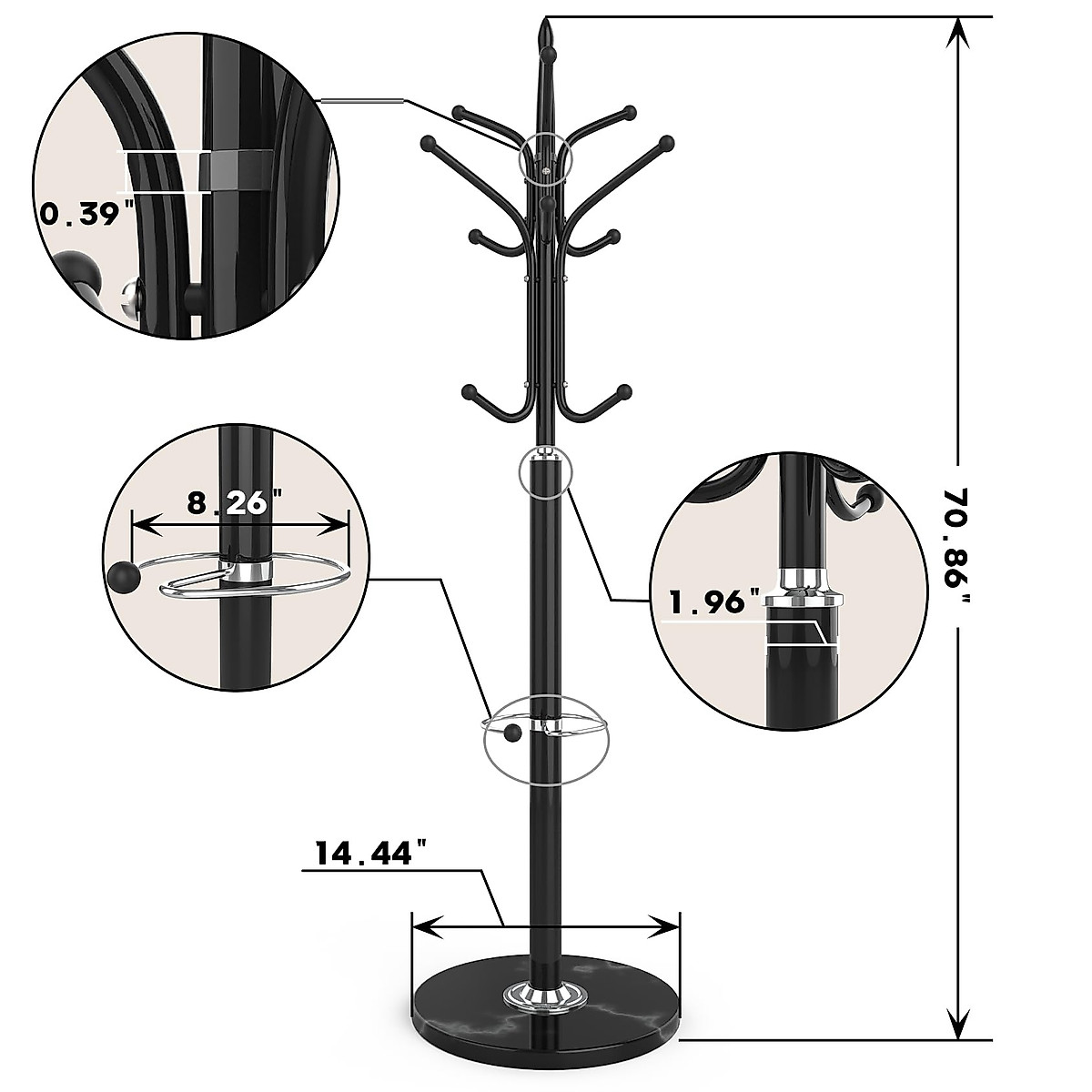 Durmmur Metal Coat Rack Freestanding, Coat Hanger Stand With Natural Marble Base, Standing Coat Rack With Umbrella Holder, Hall Tree With 12 Hooks For Clothes, Hats, Scarves, Entryway(Black)