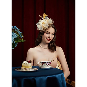 Cizoe Kentucky Derby Fascinators for Women High Tea Party Hat Wedding Cocktail Flower Headware with Mesh and Feathers(Gold&Beige)