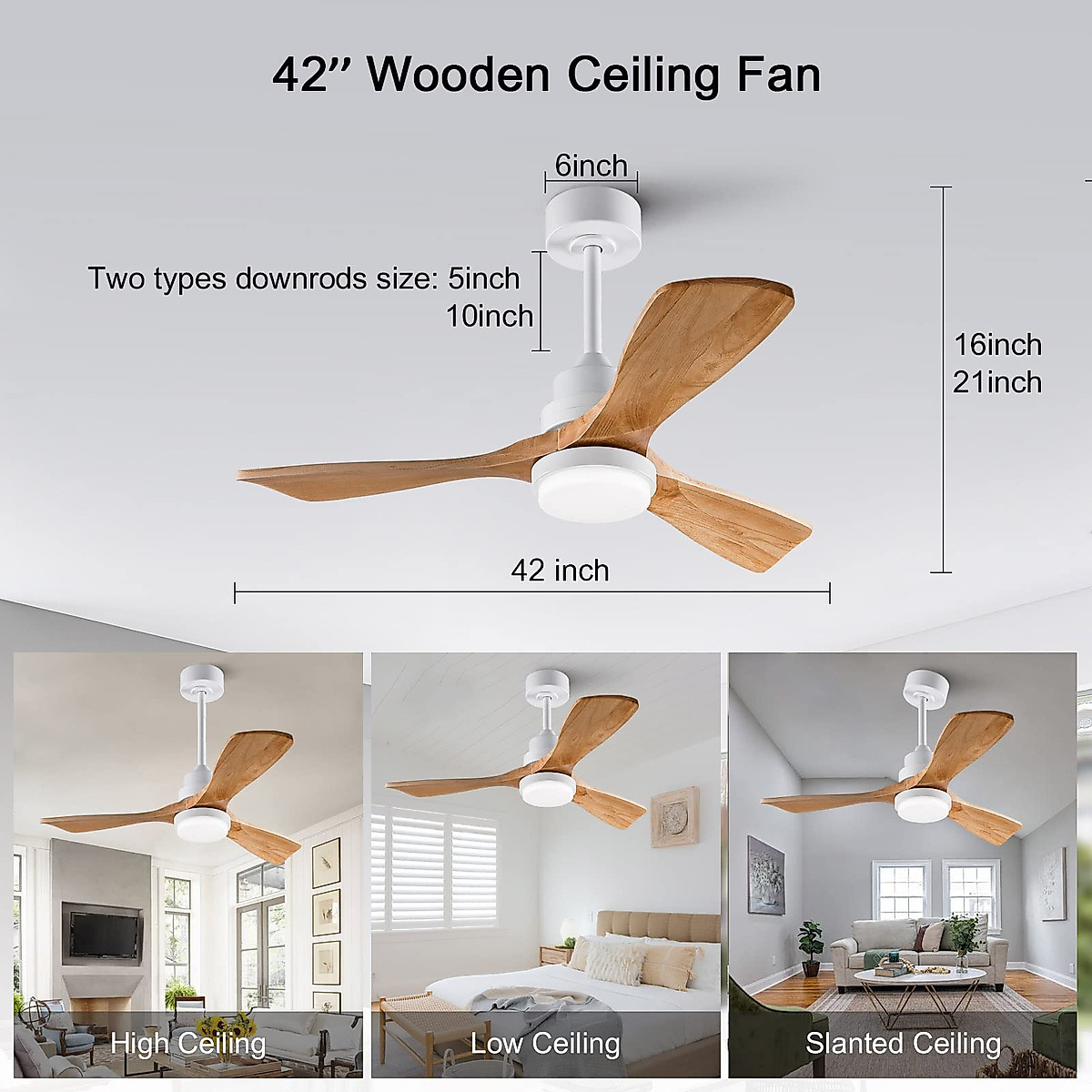 XINGSIYUELYX 42 Inch White Ceiling Fans with Lights and Remote, 3 Blades Wood Ceiling Fan with Light, Dimmable LED Light,Noiseless Reversible Motor, Indoor/Outdoor Fans for Patios Bedroom