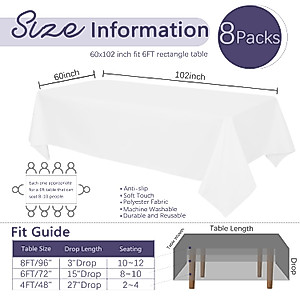 8 Pack White Tablecloth 60 x 102 Inch Polyester Table Cloth for 6 Foot Rectangle Tables, Wrinkle Resistant Washable Decorative Fabric Table Covers for Wedding Party Banquet Buffet and Camping