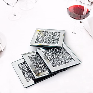 VASUHOME 4PCS Glass Mirrored Coaster Set - 4" Round Cup Mat with Crushed Diamond Decor, Ideal for Bar Tools and Dining Tables Tabletop Decoration