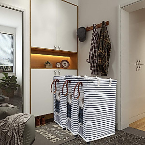 HiCharmcci Laundry Hamper, Wheeled Collapsible Clothes Hampers for Laundry, Large 82L, Dark Blue Strips, Sturdy Oxford Fabric, Mesh Closure, Portable Handle, Transparent Window