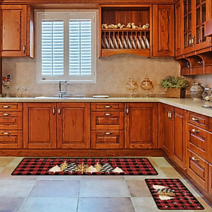 Bencailor 2 Pcs Christmas Kitchen Rugs and Mats Set of 2 Red Black Buffalo Plaid Merry Christmas Xmas Trees Floor Mat Non Slip Checkered Doormat Home Holiday Kitchen Decor, 17 x 30 Inch, 17 x 47 Inch