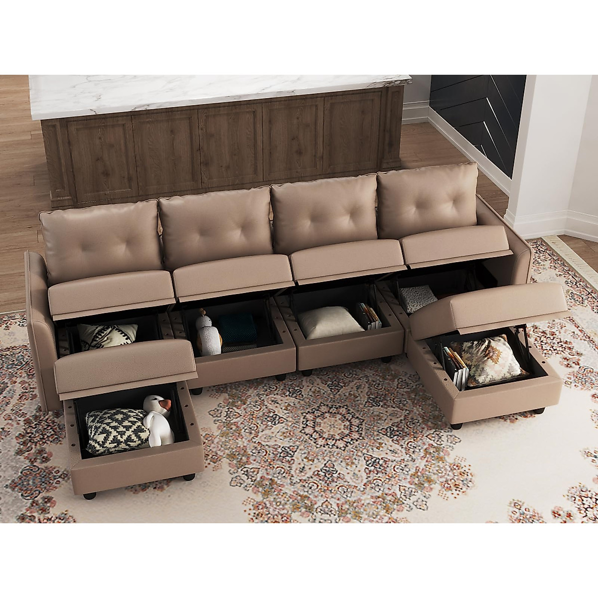 LLappuil Modular Sectional Sofa, Convertible U Shaped Couch with Storage, Faux Leather Fabric Waterproof Sectional Couch for Living Room, 111.8" Width, 6 Seat Modular Sofa, Cognac Brown