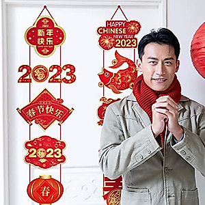 22 Pieces Chinese New Year Decorations Set Includes 2023 Chinese New Year Banner Year of The Rabbit Porch Sign Red Gold Hanging Wall Decor and 20 Pieces Fu Character Window Stickers for 2023 Party
