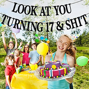 Happy 17th Birthday Banner, Cheers to 17 Years, Young Sweet and Only 17, Teen Boys Girls Funny 17th Birthday Party Decorations Backdrop Gifts, Black Glitter
