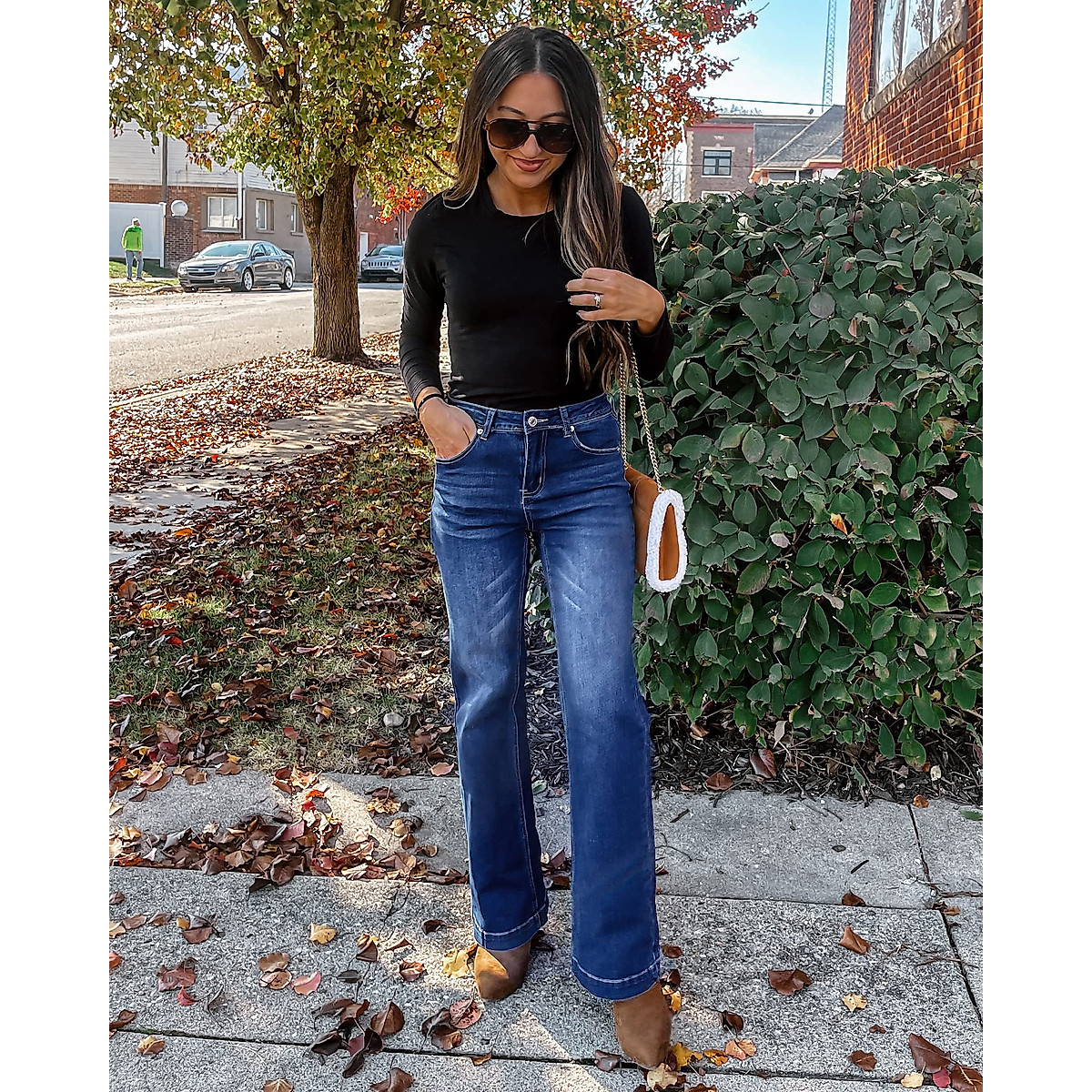 GRAPENT Plus Size Jeans, High Waisted Flare Ripped Stretch Jeans 70s Outfits, Size 12 Wide Leg Pants for Women Color Dark Blue Size 14