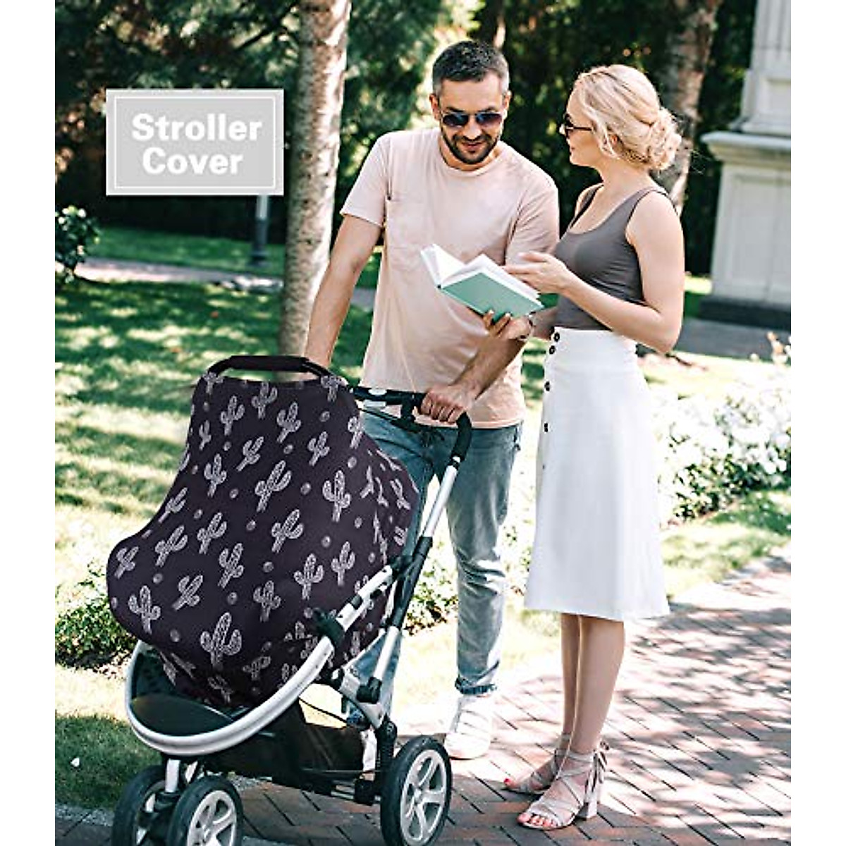 Baby Car Seat Cover, Infant Carseat Canopy, Nursing Breastfeeding Cover, Stretchy Carrier Covers for Stroller/High Chair/Shopping Cart, Newborn Registry & Shower Gift for Boys Girls - Black Cactus