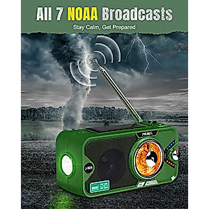 PRUNUS 3600mAh Emergency Radio Hand Crank/Solar/USB Charging, Bluetooth Speaker, Flashlight,Phone Charger,SOS Alarm, Power Bank, MP3,7 NOAA Weather Radio, Portable Radio Transistor AM FM