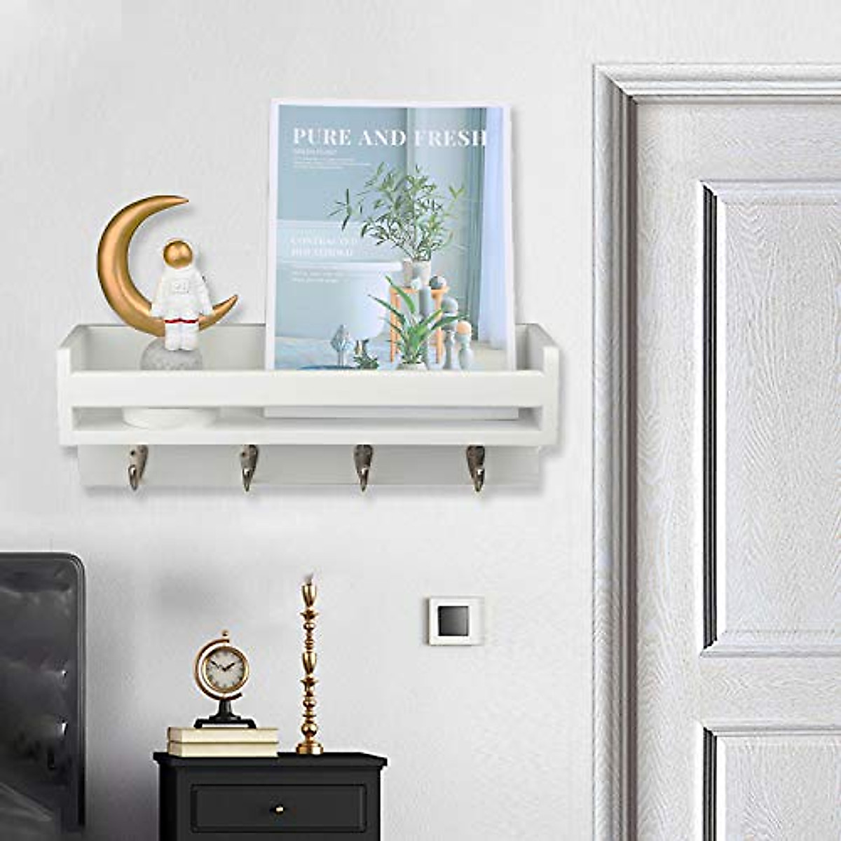 Halcent Wall Mounted Coat Rack Floating Wall Shelf, Wood Coat Hook Rack Entryway Organizer with 4 Key Holder Hooks for Magazine Letter Mail Holder