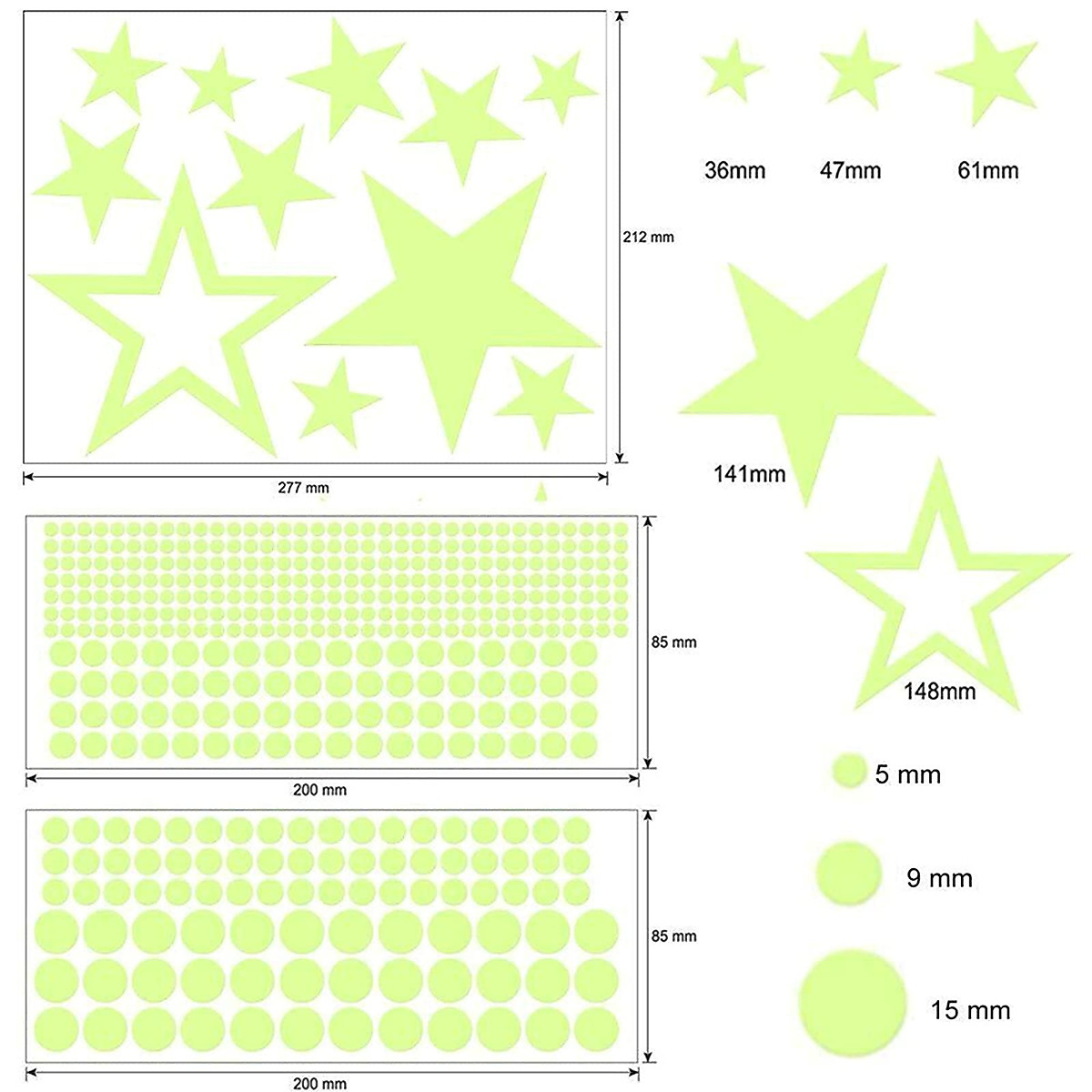 Sursarbelor Luminous Φ30cm Big Moon and Stars Dots Wall Stickers, 435 Pieces Glow in The Dark Stickers, Wall Ceiling Sticker Decals for Home Party Kids Room Decorations
