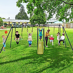 Costzon 660 lbs Swing Sets for Backyard, 7-in-1 Heavy Duty Extra Large Metal Swing Frame w/2 Swings, Glider, Gym Rings, Slide, Monkey Bar, Basketball Hoop, Play Equipment for Indoor Outdoor Gift Kids