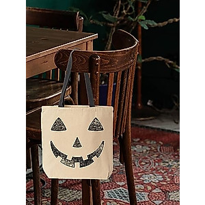 shop4ever Black Jack O' Lantern Pumpkin Face Halloween Trick or Treat Cotton Canvas Tote Reusable Shopping Bag Black HANDLE 1
