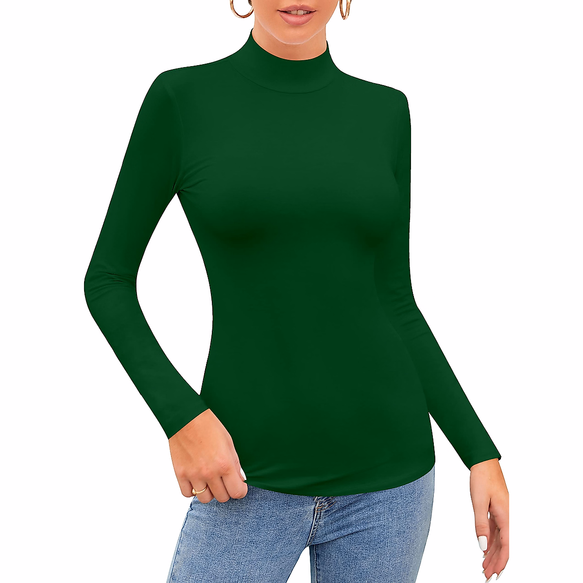 SHEIUGU Women’s Long Sleeve Mock Turtle Neck Tops Basic Stretchy Fitted Underwear Layer Tee Shirts(Dark Green 01-X-Large)