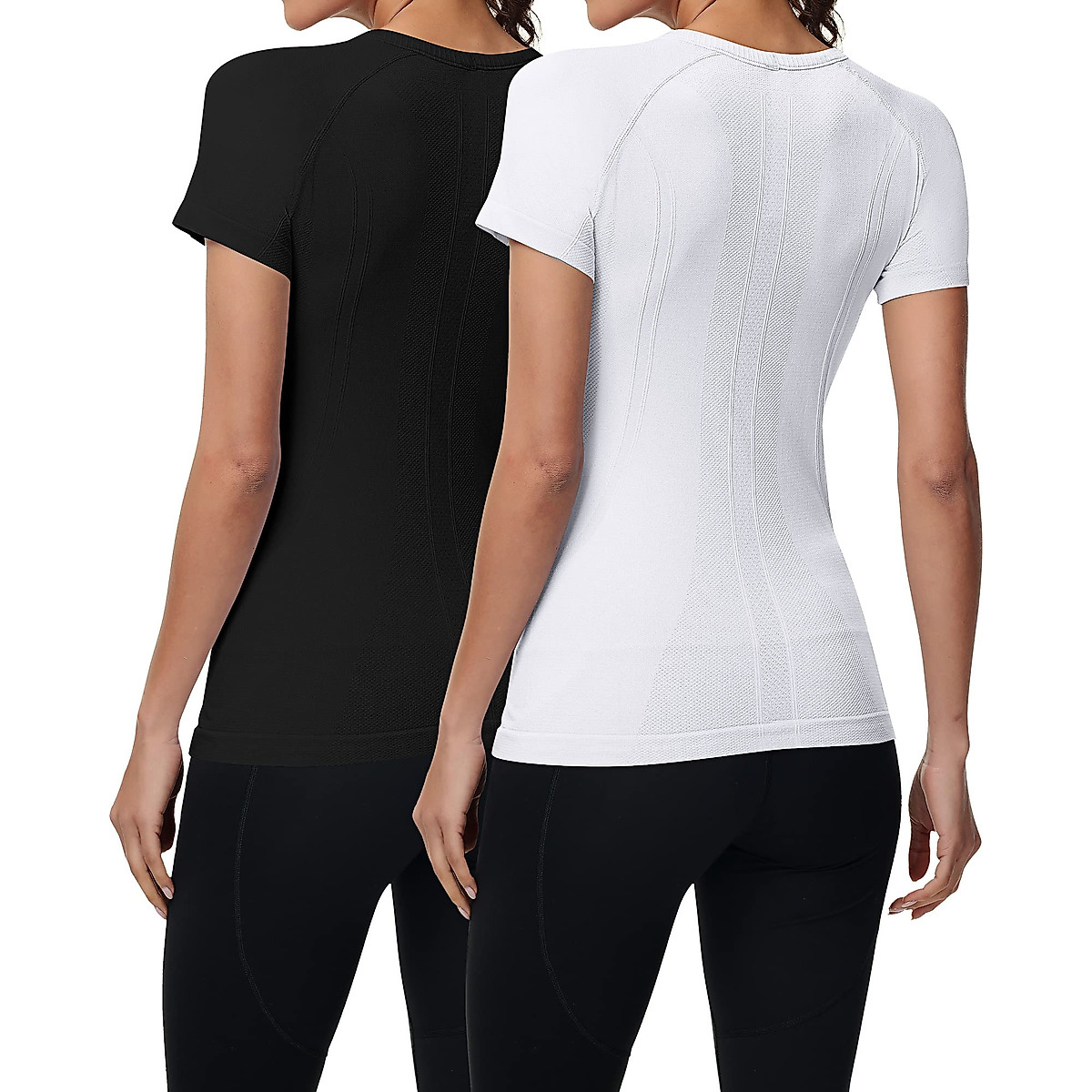 2 Pieces Women Long Sleeve Workout Shirt Seamless Workout Shirts with Thumb Holes Fitted Top Sports Yoga Athletic Shirt Top (Short Sleeve White, Black, X-Small)