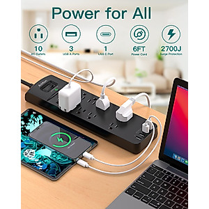 Power Strip - Addtam Surge Protector with 10 Outlets and 4 USB Ports, 6 Feet Extension Cord with Flat Plug, 2700 Joules, ETL Listed, Black
