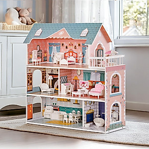 ROBUD Wooden Dollhouse for Kids Girls, Toy Gift for 3 4 5 6 Years Old, with Furniture