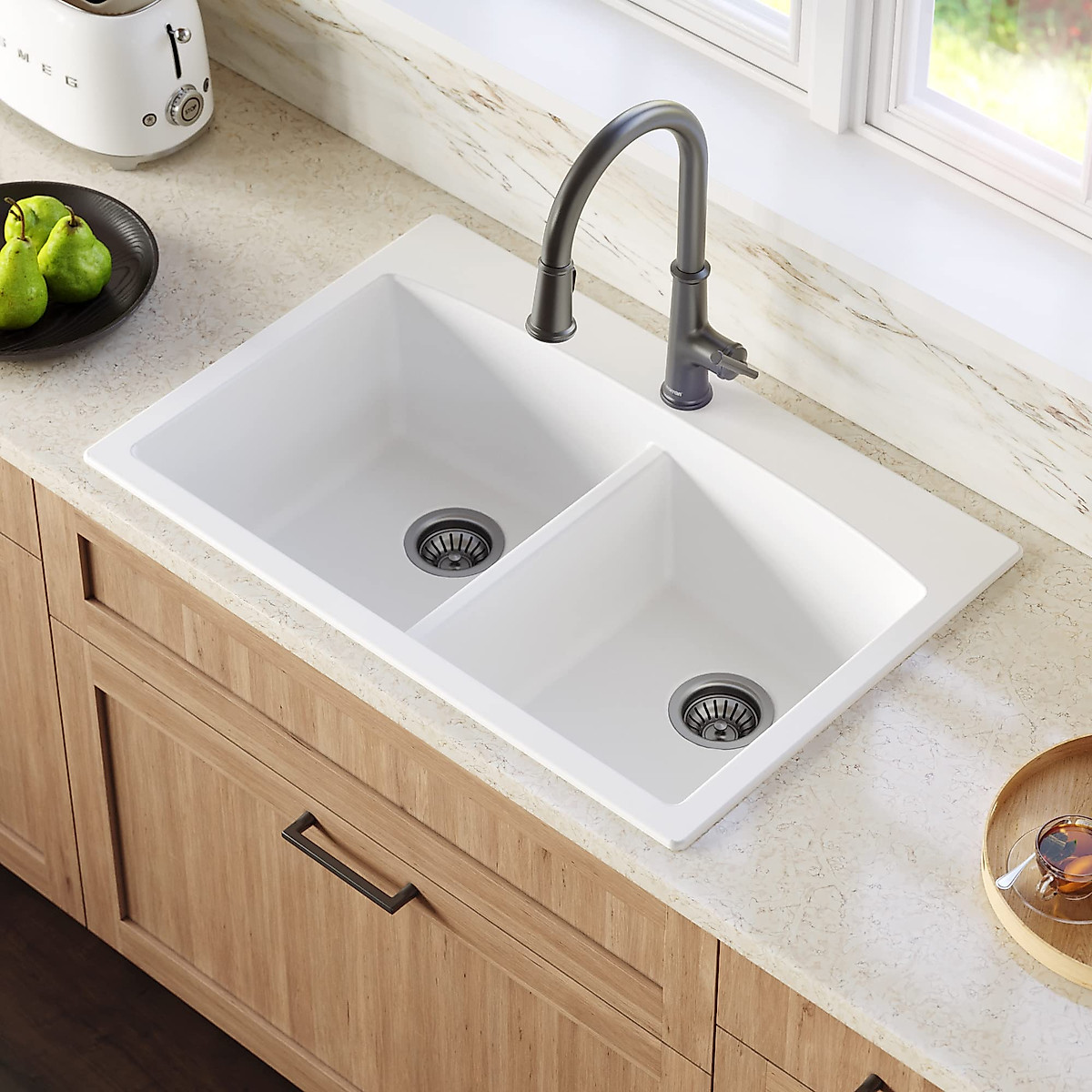 Karran QT-710 Drop-in Quartz Composite 33 in. 1-Hole 50/50 Double Bowl Kitchen Sink Kit in White