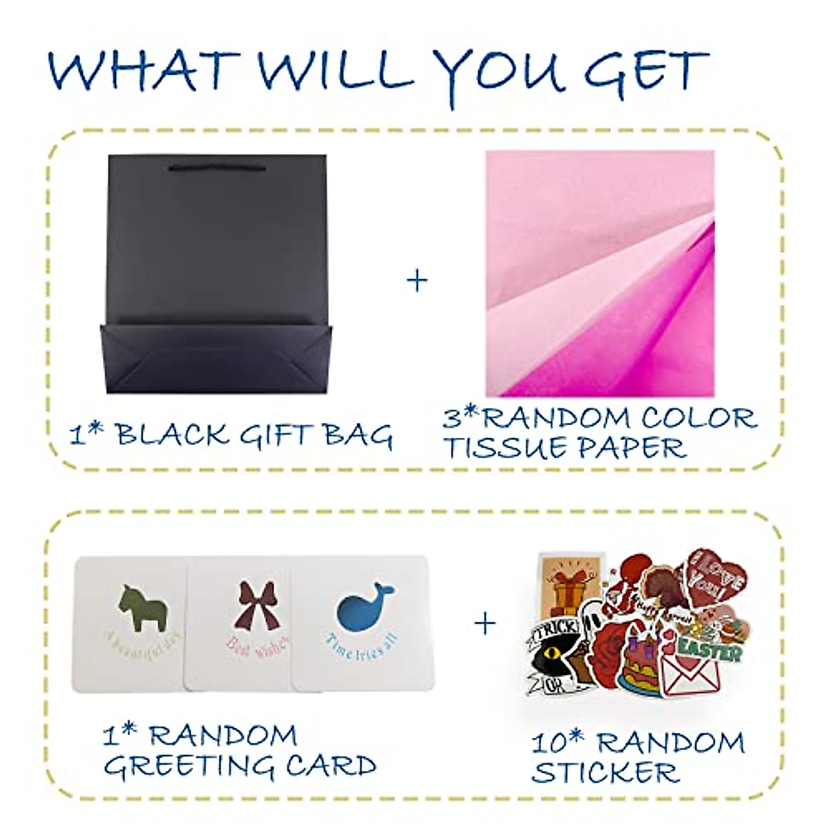 yacool Black Gift Bag 11 x 4 x 13 with Greeting Card, Sticker and Tissue Paper for Birthday, Valentine, Party, Baby Shower, Girls, Boys
