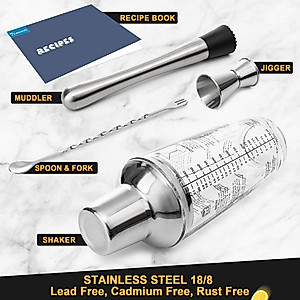 Tiawudi 23oz Glass Cocktail Shaker Set, 4PCS Bartender Kit, Martini Mixer Shaker with Built-in Strainer, Measuring Jigger, Cocktail Muddler & Mixing Spoon, Bar Tool Set for Bartender and Home Use