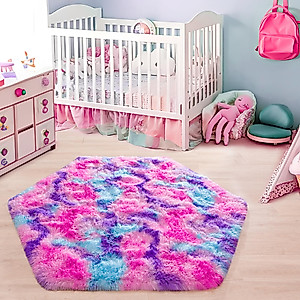 junovo Ultra Soft Hexagon Rug Fluffy Rainbow Nursery Rug for Princess Tent Kids Play Castle, Furry Hexagonal Carpet for Kids Girls Room Playhouse Classroom Dorm Home Decor, 4.6ft Tie-Dye Hot-Pink