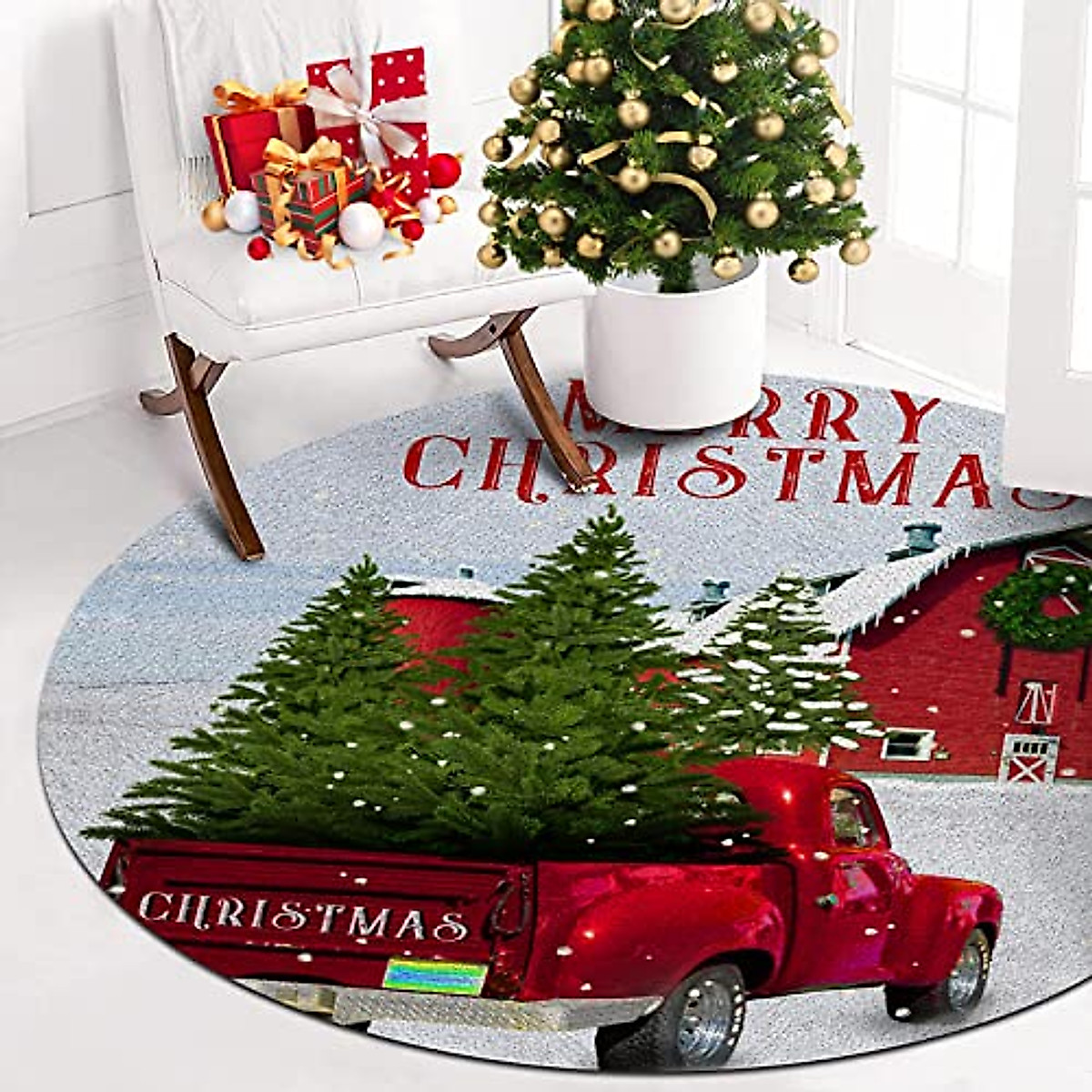 Round Area Rugs 4ft, Red Retro Truck and Christmas Tree Indoor Throw Runner Circle Rug Entryway Doormat Floor Carpet Pad Yoga Mat for Bedroom Living Room Farm Wood Barn