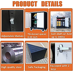 Metal Garage Storage Cabinet with Wheels,Adjustable Shelves with Doors and Lock,Sturdy and Durable Heavy Duty Utility Storage Cabinet for Office/Garage/Kitchen/Pantry Organizer Storage Cabinet/White