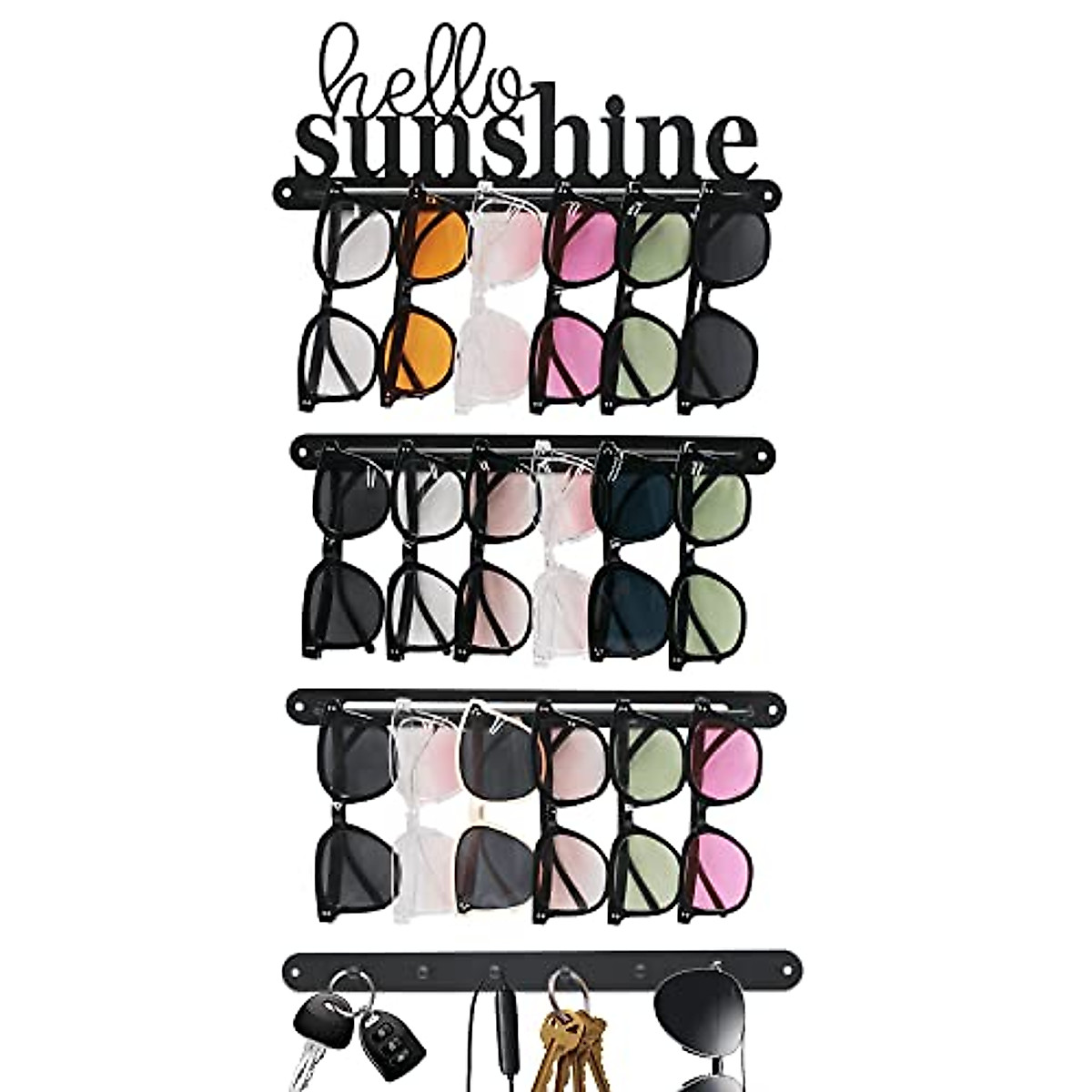 Dancenser Decorative Sunglass Organizer Wall Mounted, Metal Sunglasses Holder for Multiple Glasses, Sunglass Storage, Hello Sunshine Modern Eyeglasses Display, Key Holder for Wall with 6 Hooks, Black