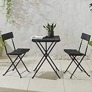 Lavish Home 80-OUTD BLK, Black Folding Patio Bistro Set – 3-Piece Rattan Wood and Steel Café Table and Chairs for Porch, Deck, Garden, or Balcony Furniture