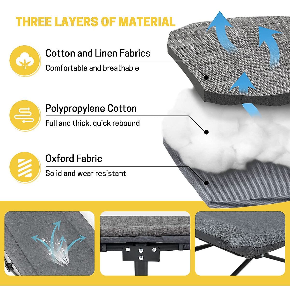 ATORPOK Camping Cot for Adults with Cushion and Pillow, Portable Folding Bed for Sleeping, Lightweight Tent cot with Carry Bag Supports 450 lbs (Grey)