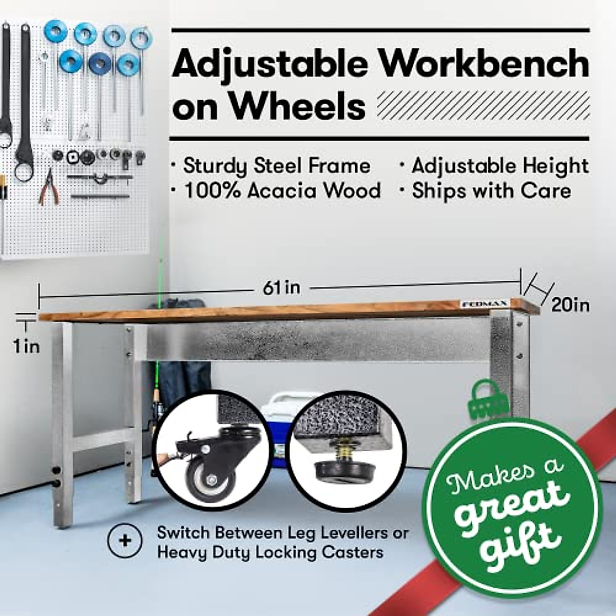 Fedmax Work Bench - 61" Rolling Portable Workbench for Garage - Metal with Acacia Hardwood Top, Adjustable Legs