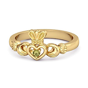 MOONEYE Multi Choice Your Gemstone Petite Claddagh 0.02 Ctw 925 Sterling Silver Yellow Gold Plated Crown Ring (7, peridot)