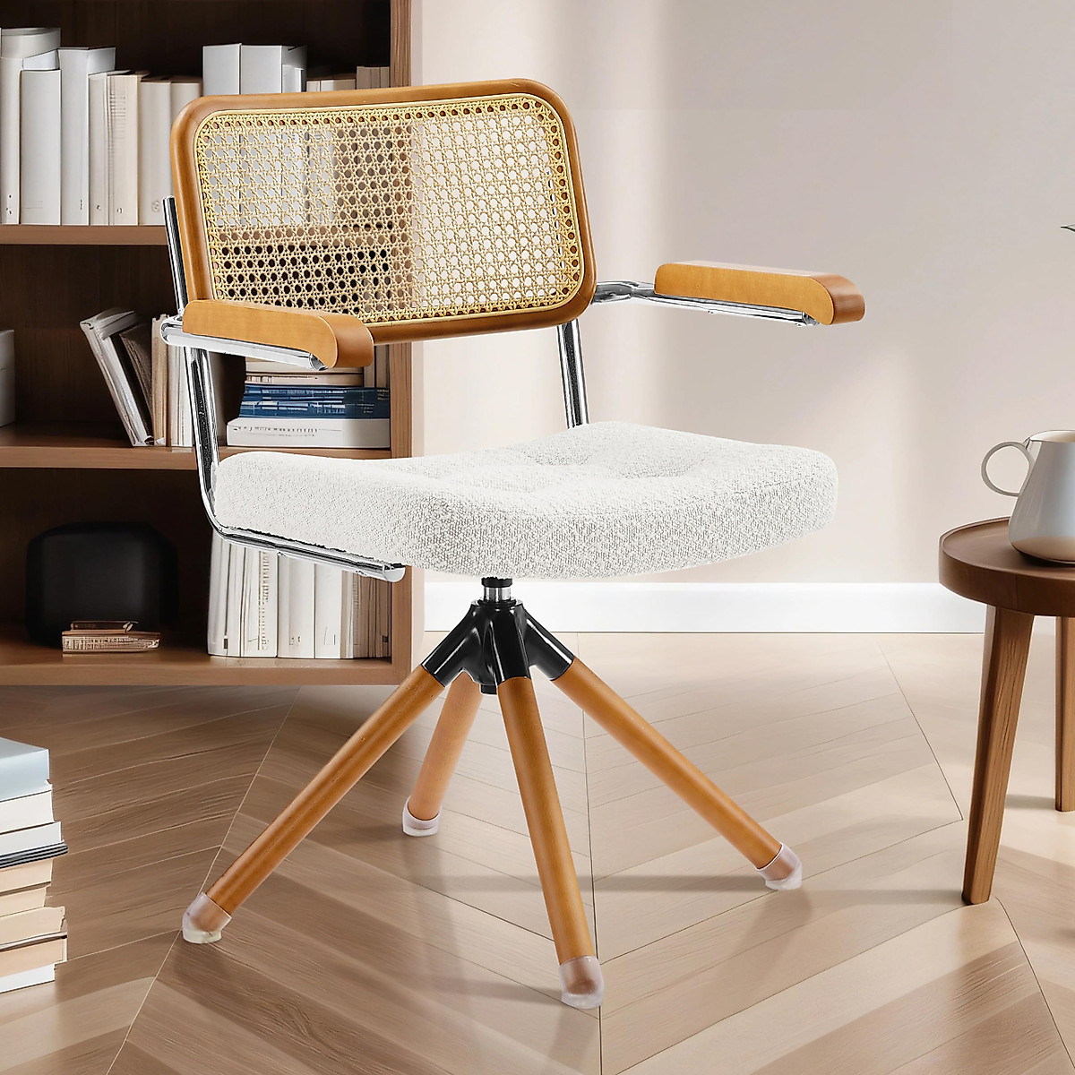 Art Leon Rattan Desk Chair, Mid Century Modern Swivel Accent Chair No Wheels, Fabric Upholstered Office Chair with Wood Legs, Armchair with Rattan Back for Home Office Living Room Bedroom, Off White