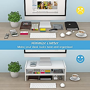 Monitor Stand Riser with Storage Organizer Bamboo 3-Height Adjustment 16.7 inch Desktop Monitor Stand for Office and Home Use (White)