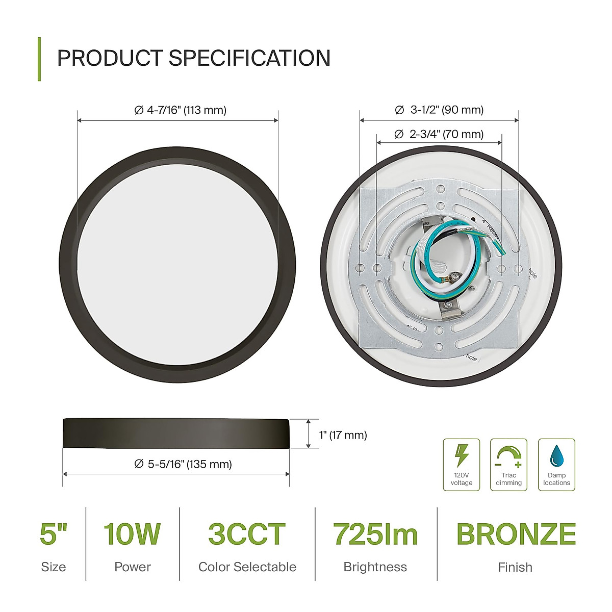 ASD LED 5" Round Flush Mount Light | 10W 720LM 3000-5000K 120V | 3CCT, Dimmable, Ultra Slim, ETL Listed | Thin Surface Lamp, Bedroom Ceiling Lighting | Bronze, 6 Pack