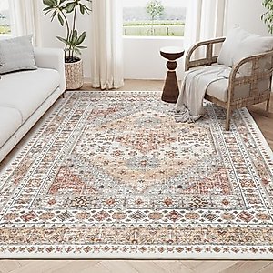 zesthome 8x10 Area Rugs for Living Room,Non-Slip Backing Washable Rugs,Vintage Large Area Rug，Stain Resistant Home Decor Rug (Orange,8'x10')