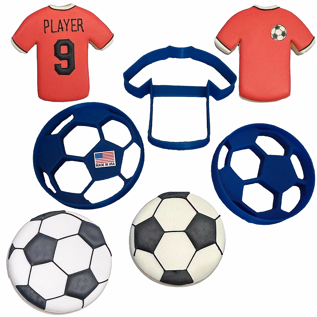 SOCCER BALL COOKIE CUTTERS WITH JERSEY American Soccer Football Sport Small Large Balls With Jersey Uniform T-Shirt Made In USA Cookie Cutters (3 Pack)