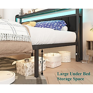 LoVinson Queen Bed Frame with Storage Headboard and LED Sensor Lights, Upholstered Headboard with Charging Station, Metal Platform Bed with Drawers, Noise-Free, Non-Slip, Black