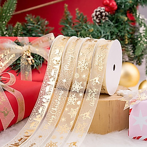 Holijolly Christmas Gold Sheer Ribbon - Merry Christmas Tree and Star Snow Yarn Ribbon for Gift Wrap, Decorating - 3/4 inch x 10 Yard