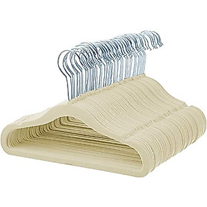 Amazon Basics Slim, Velvet, Non-Slip Suit Clothes Hangers, Ivory/Silver - Pack of 50 & Kids Velvet, Non-Slip Clothes Hangers, Beige - Pack of 50